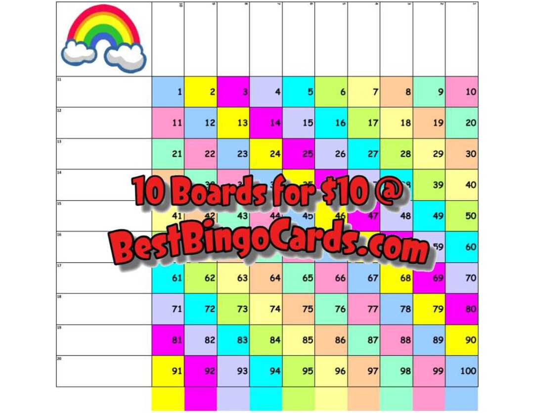 Bingo Boards 1-20 Player Grid - Rainbow - Straight, 100 Ball - Etsy