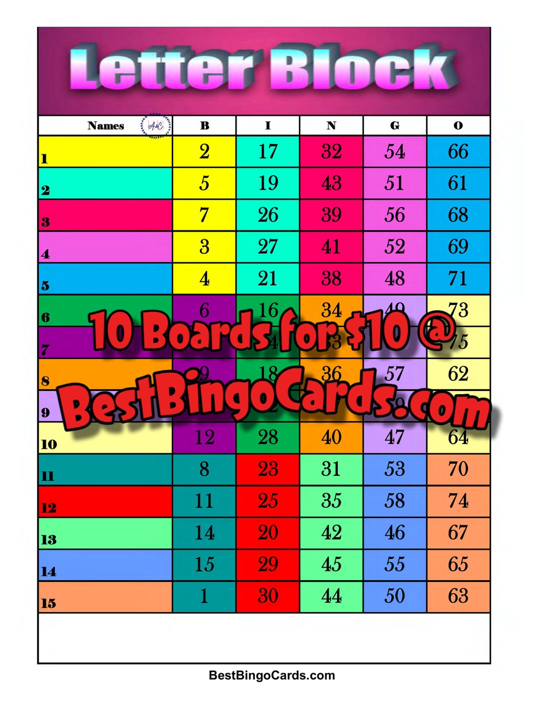 Bingo Boards 1-15 Player Block Letter Block Straight - Etsy