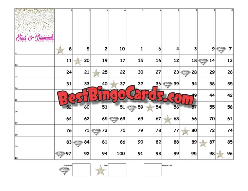Bingo Boards 1-20 Player Grid - Stars and Diamonds - Straight, Mixed ...