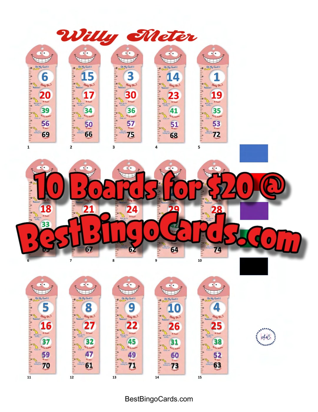 Bingo Boards 1-15 Player Picture - Willy Meter - Straight, Mixed, 75 ...