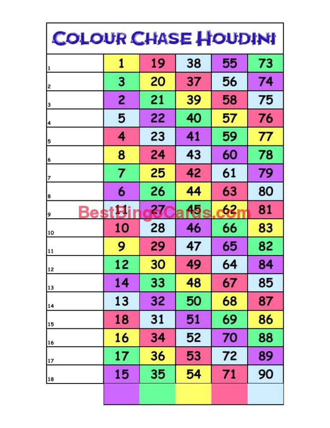 Tableros de bingo 1-18 líneas Houdini - Color Chase - Mixto, 90 bolas ...