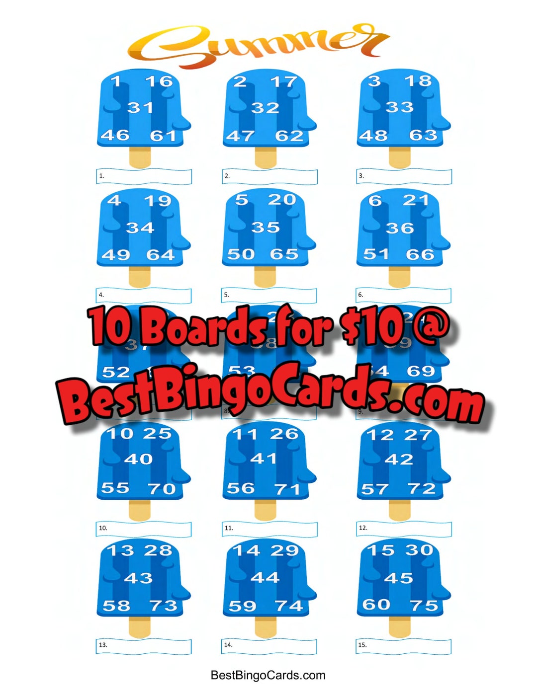 Bingo Boards 1-15 Player Picture - Summer Popsicle - Straight, Mixed ...