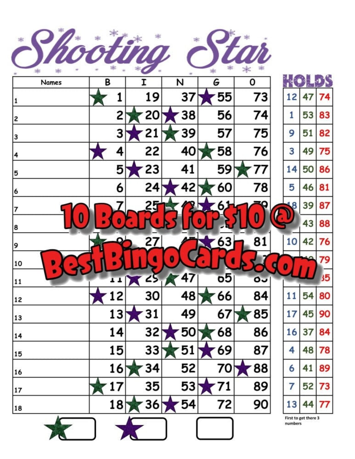 Bingo Boards 1-18 Lines - Shooting Star Vs Holds - Straight, Mixed, 90 ...