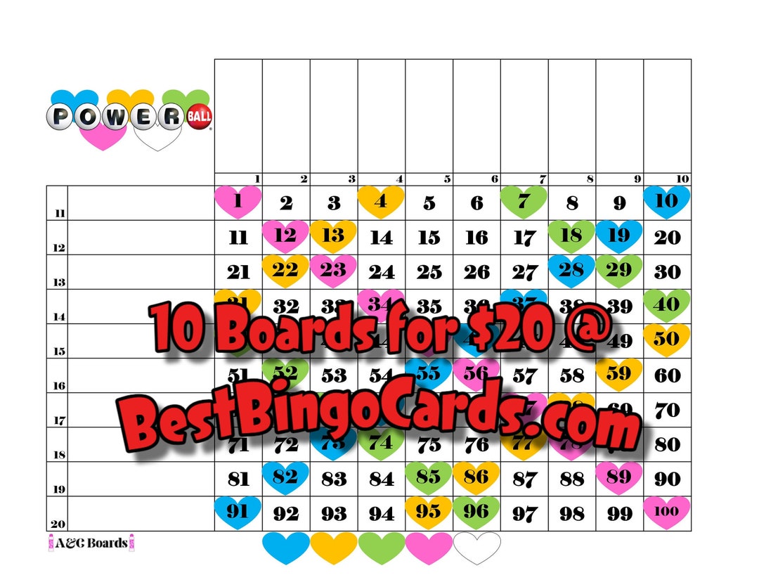 Bingo Boards 1-20 Player Grid - Powerball Hearts - Straight, Mixed, 100 ...