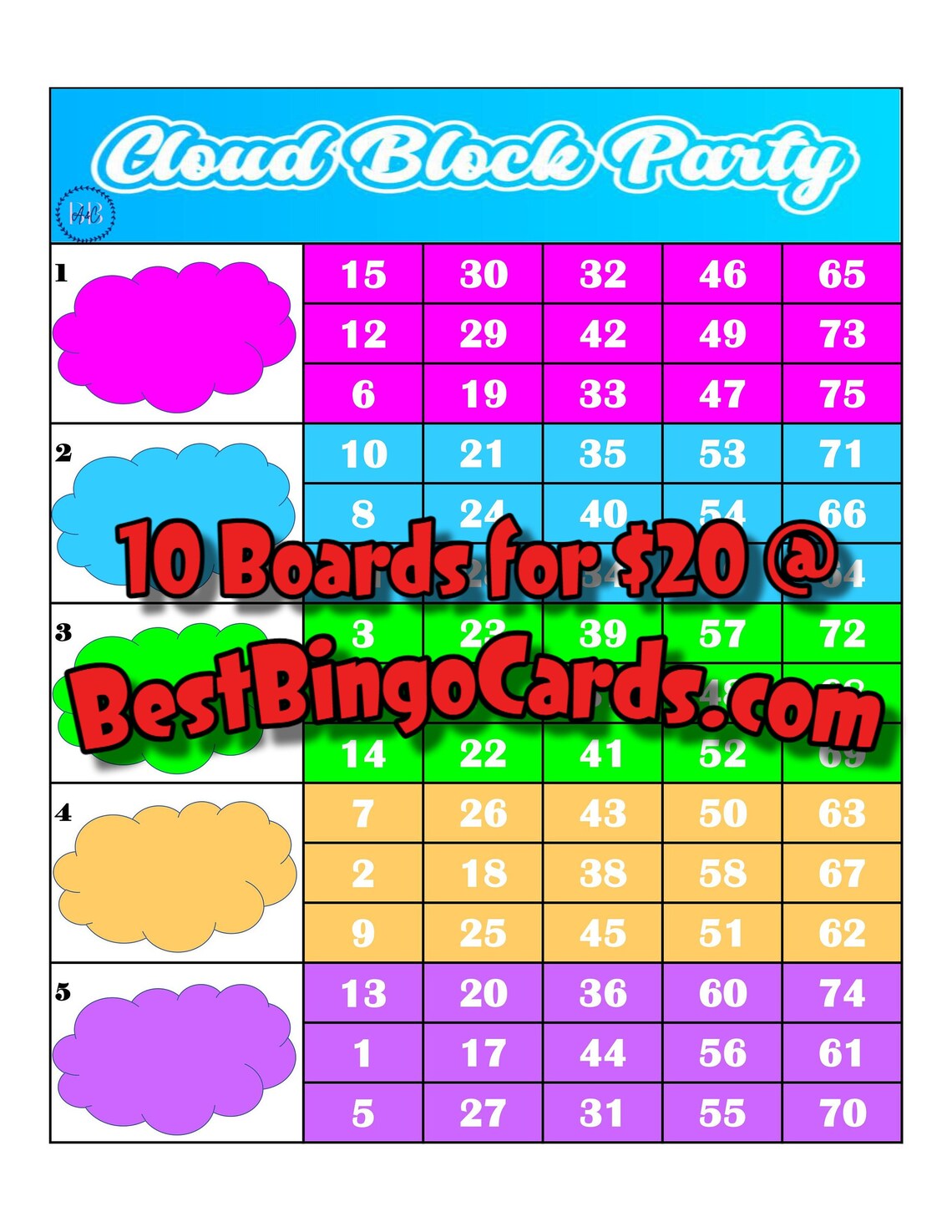 Bingo Boards 1-5 Player Block - Rainbow Cloud - Straight, Mixed, 75 ...