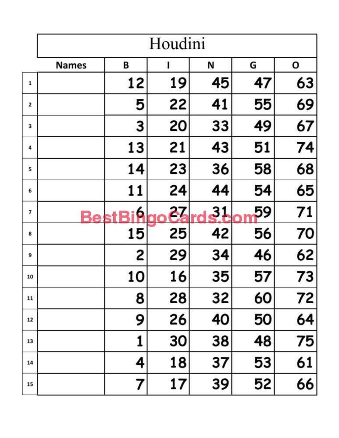 Bingo Boards 1-15 Line Houdini - Mixed, 75 Ball - Etsy