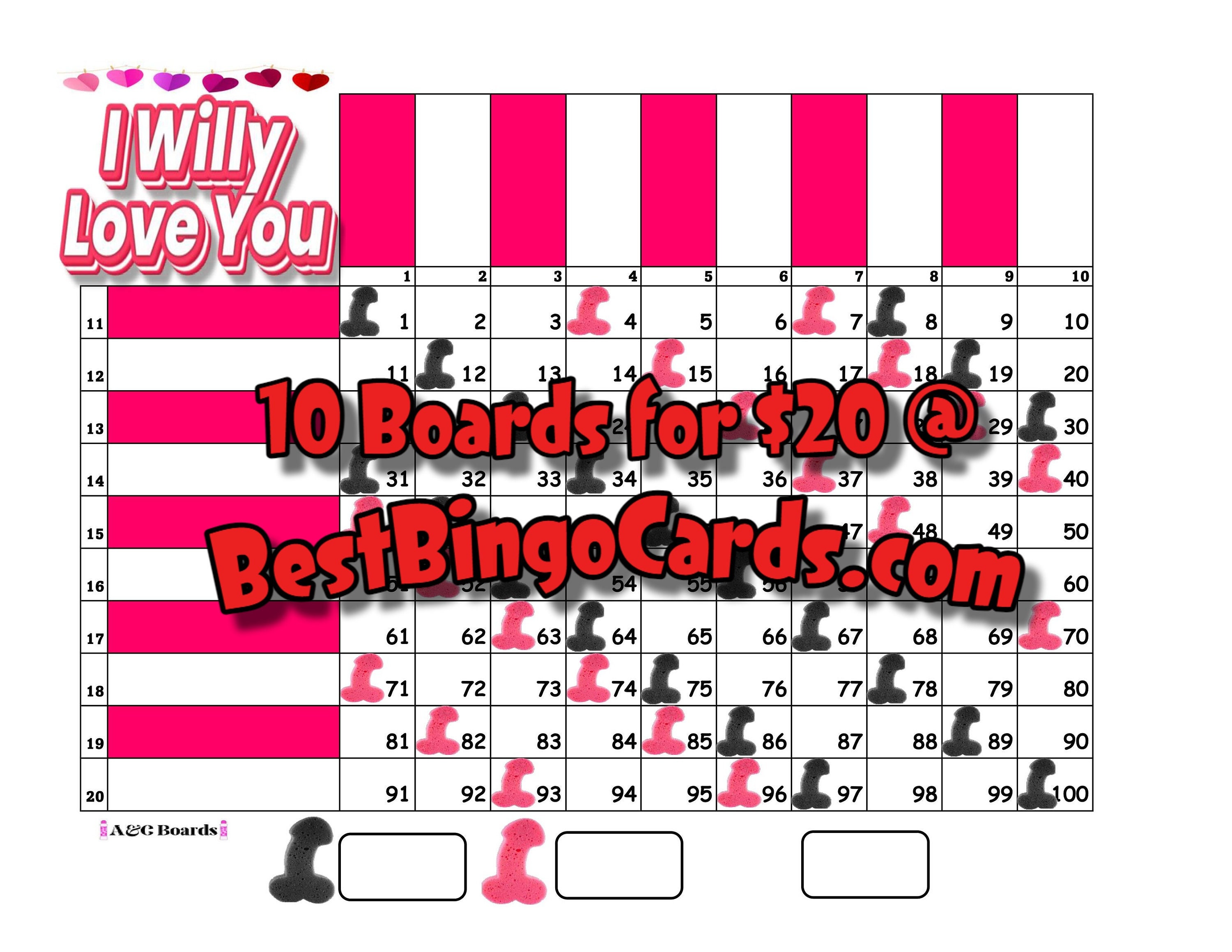 Bingo Boards 1-20 Player Grid - I Willy Love You - Straight, Mixed, 100 ...
