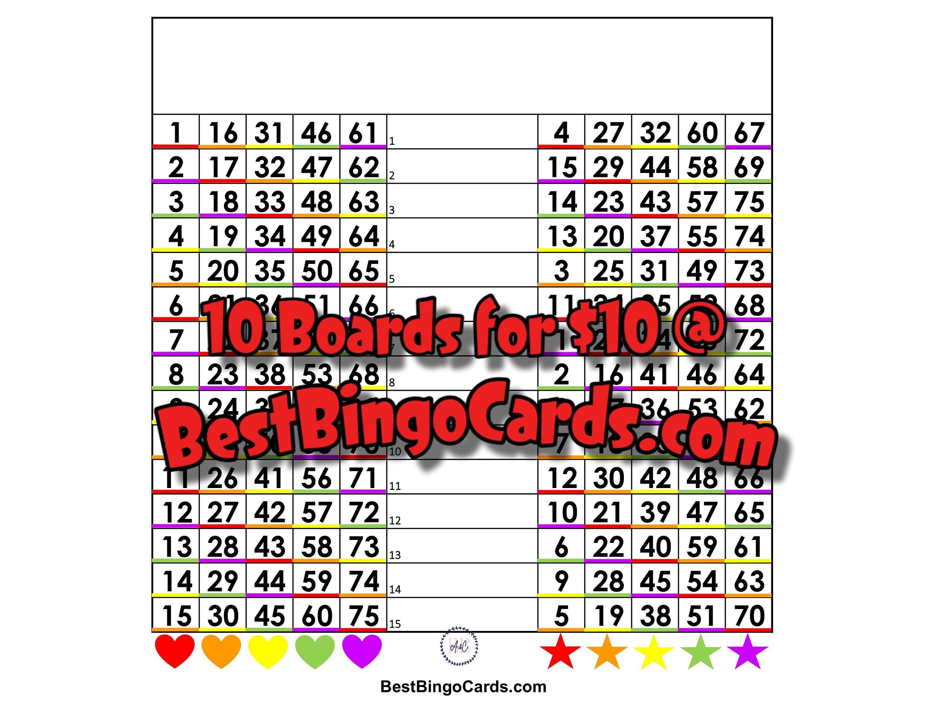 Bingo Boards 1-15 Line Double Board - Rainbow - Straight, Mixed 75 Ball ...