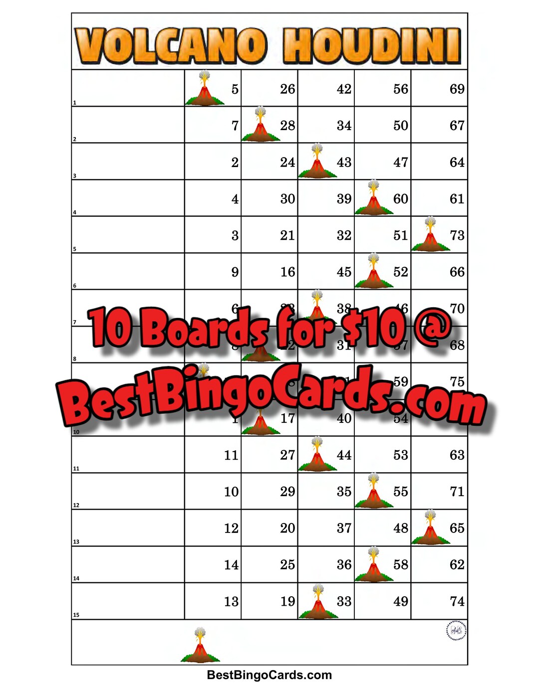 Tableros de bingo 1-15 líneas Houdini - Volcán - Mixto, 75 bolas - Etsy ...