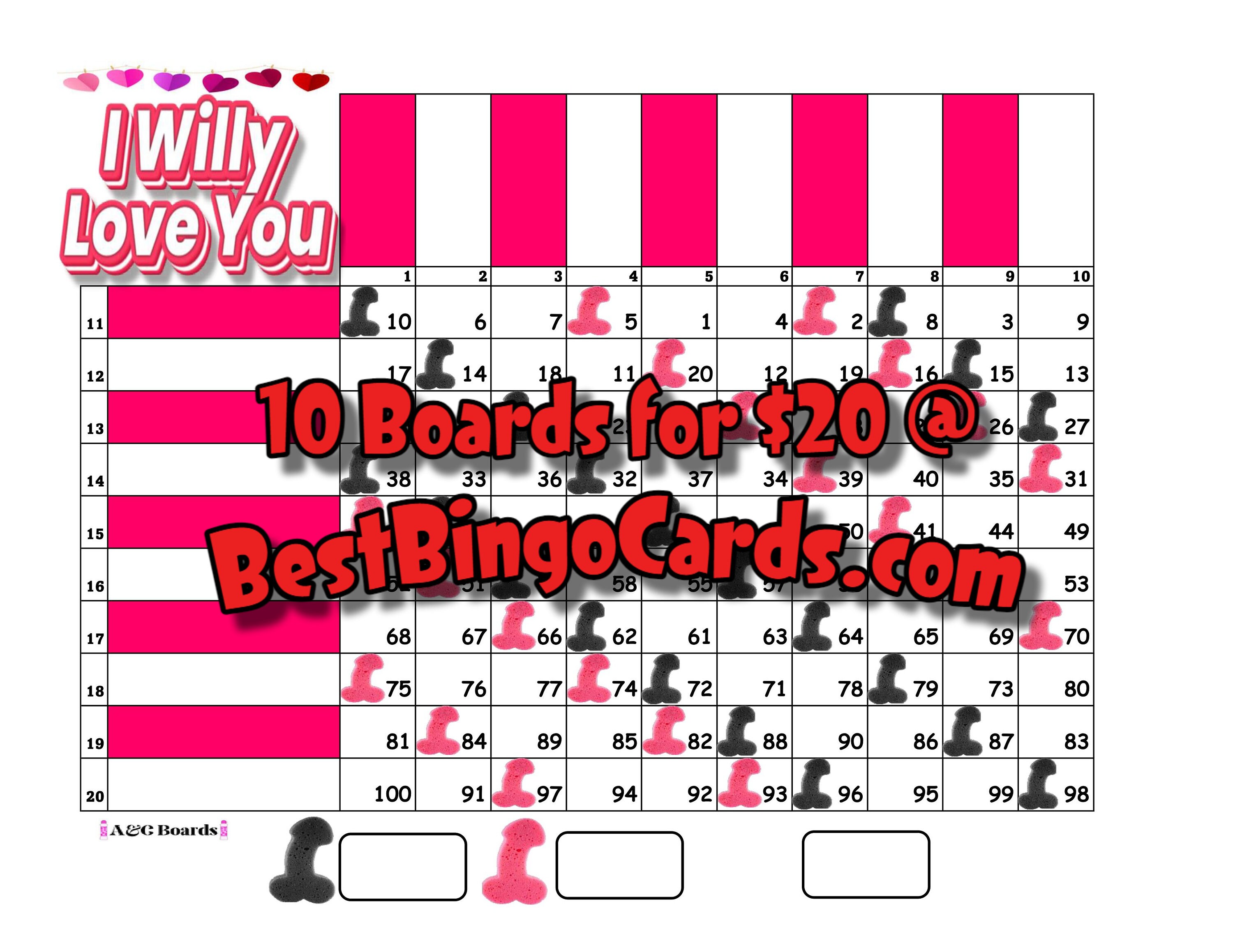 Bingo Boards 1-20 Player Grid - I Willy Love You - Straight, Mixed, 100 ...