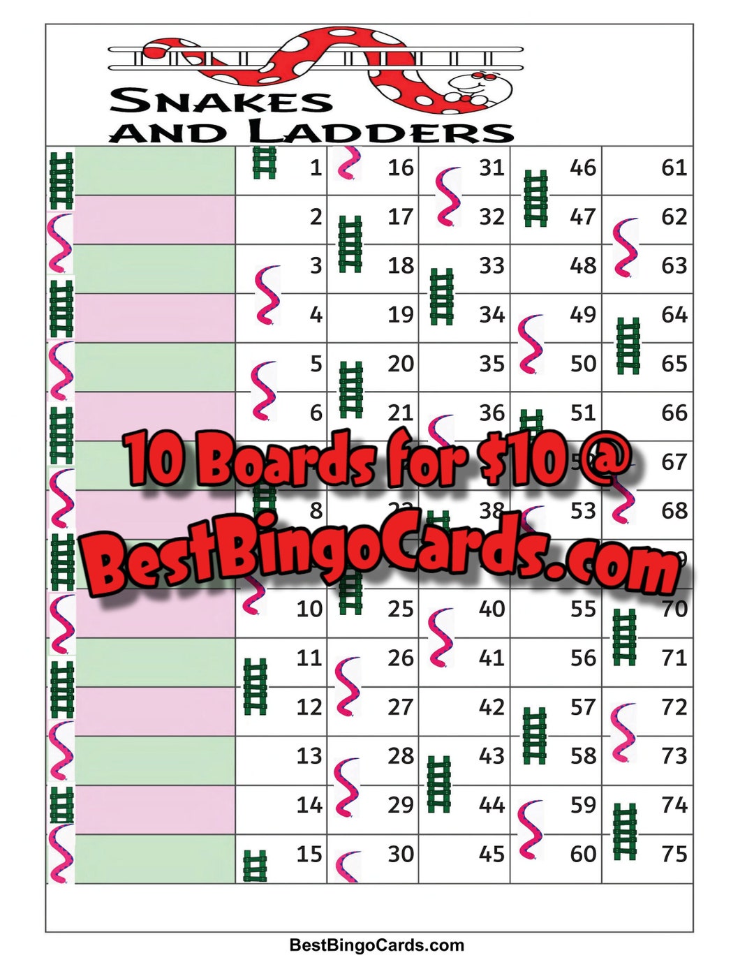 Bingo Boards 1-15 Lines - Snakes and Ladders - Straight, Mixed, 75 Ball ...