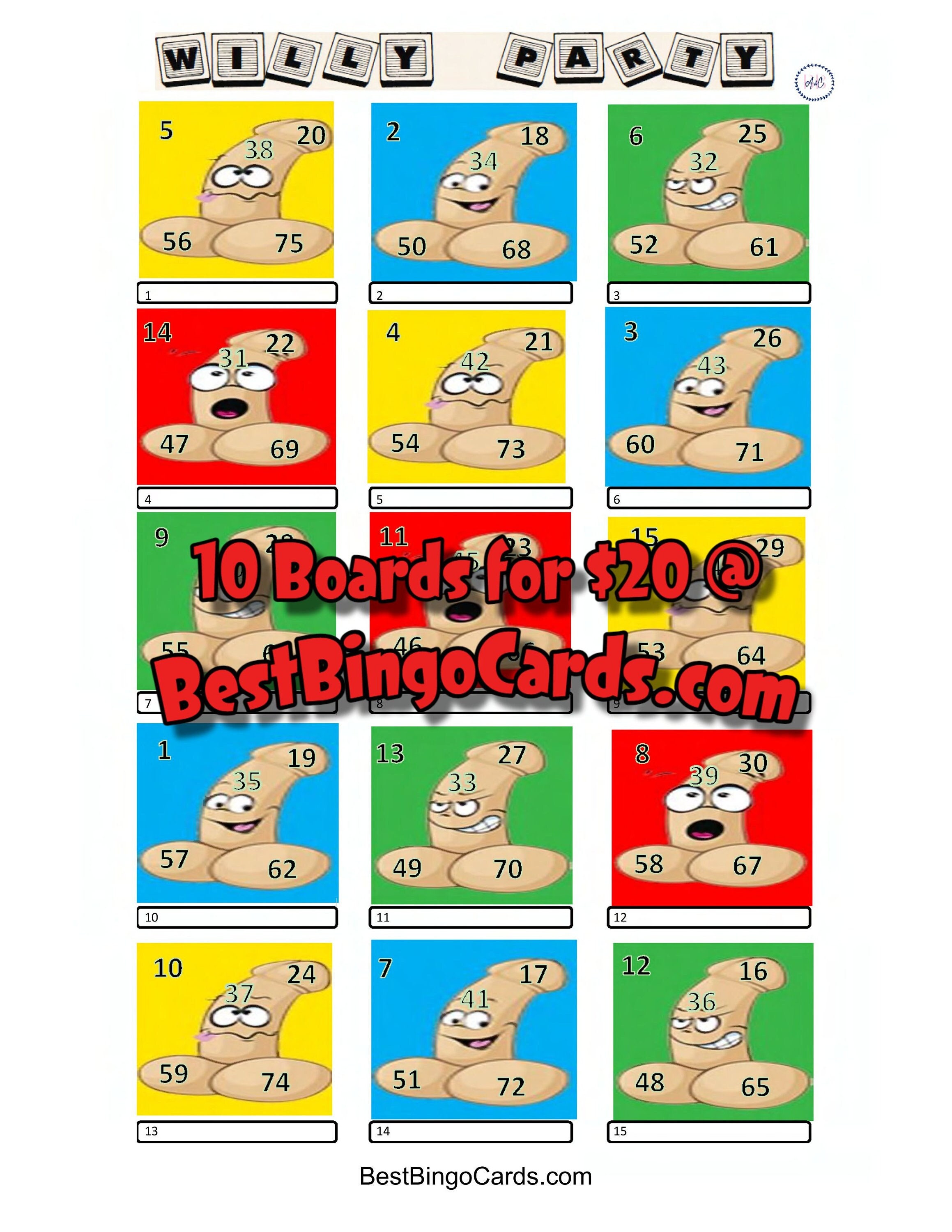 Bingo Boards 1-15 Player Picture - Willy Party - Straight, Mixed, 75 ...