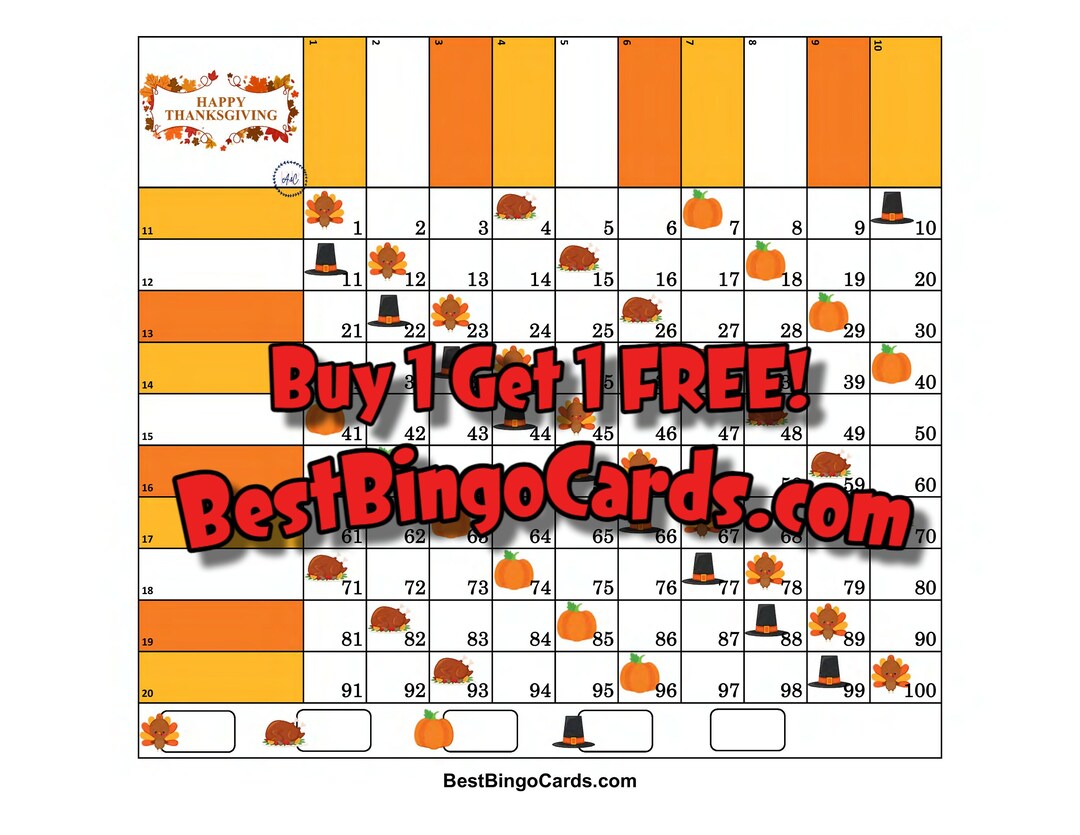 Bingo Boards 1-20 Player Grid - Happy Thanksgiving - Straight, 100 Ball ...