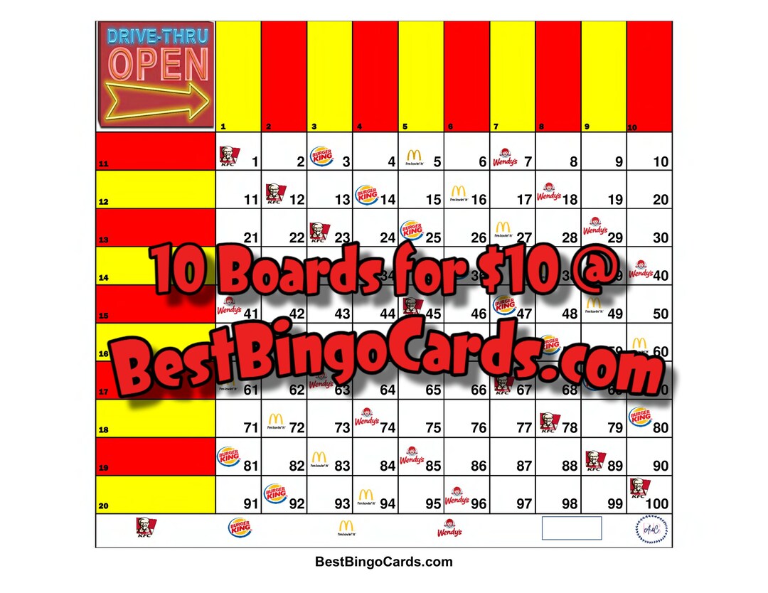 Bingo Boards 1-20 Player Grids - Drive Thru - Straight, 100 Ball - Etsy