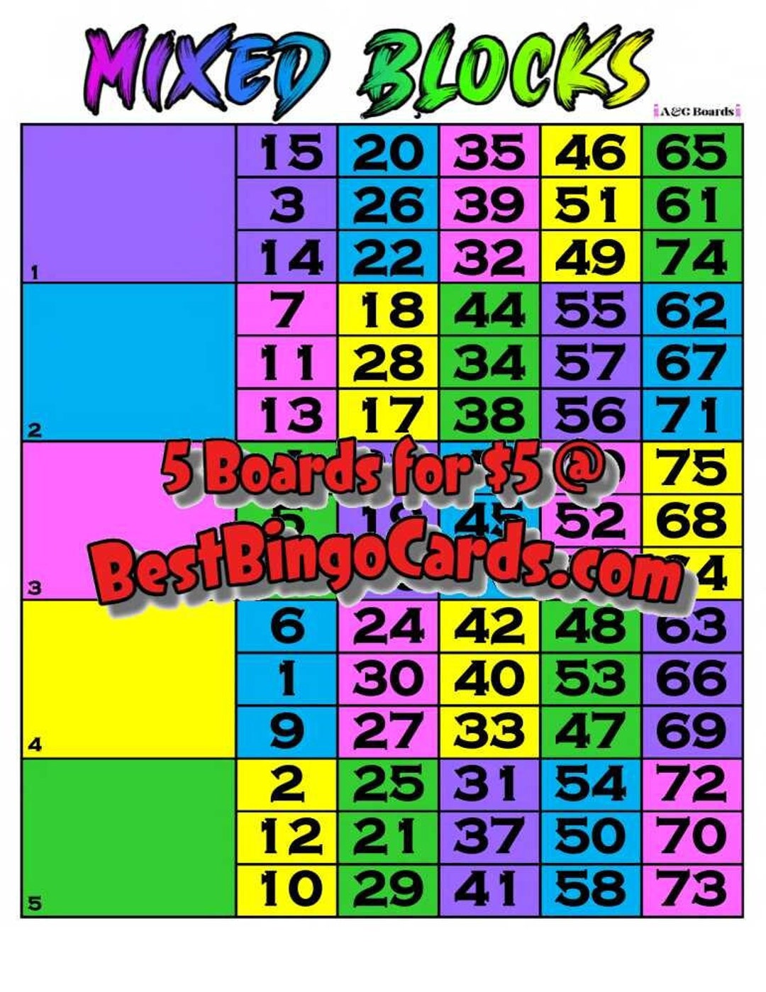Bingo Boards 1-5 Player Block - Mixed Blocks - Straight, Mixed, 75 Ball ...