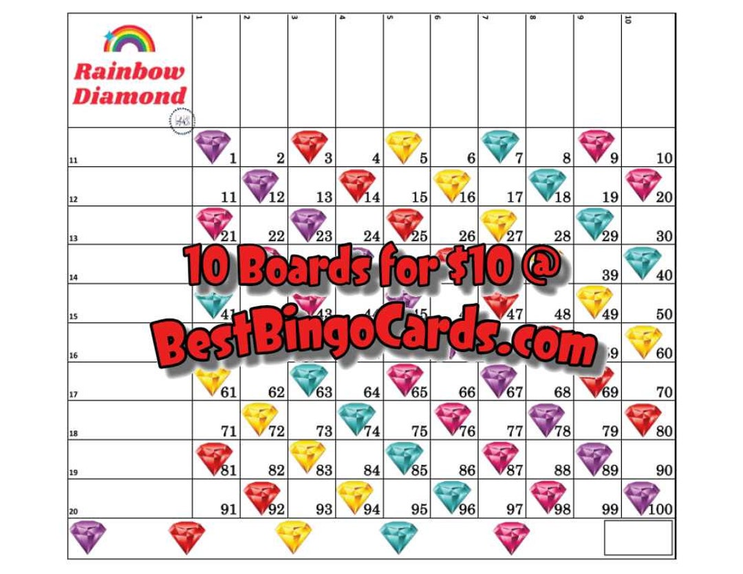 Bingo Boards 1-20 Player Grid - Rainbow Diamonds - Straight, 100 Ball ...