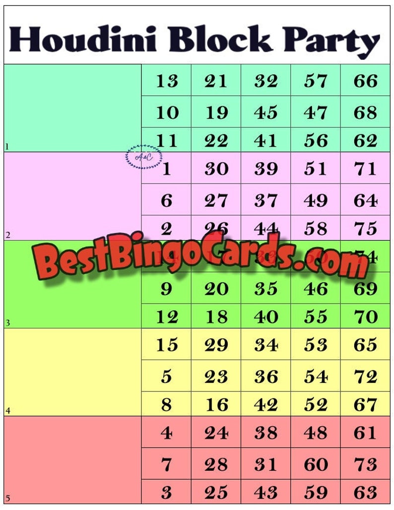 Bingo Boards 1-5 Player Houdini - Block Party - Mixed, 75 Ball - Etsy
