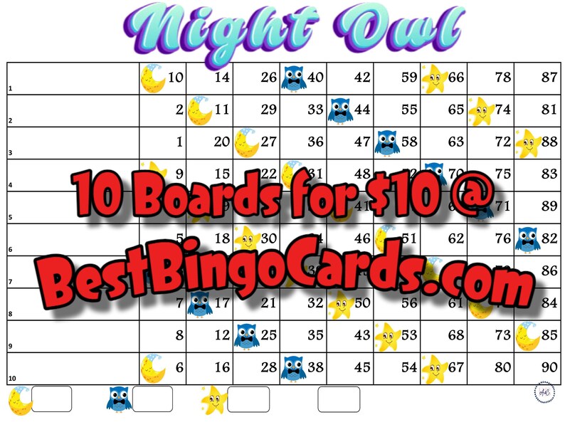 Bingo Boards 1-10 Lines - Night Owl Bingo - Straight, Mixed, 90 Ball - Etsy