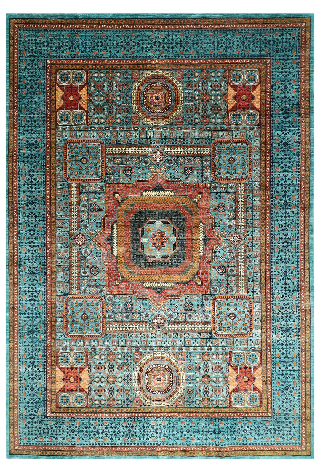 9x12 Ft Turkish Mamluk Turquoise Area Rug, Hand Knotted 100% Wool Dye ...