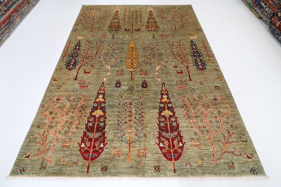 7x10 Ft Tree of Life Area Rug, 6'11x9'8 Afghan Hand Knotted Natural Dye ...