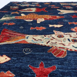 8x10 Tribal Navy Blue Fish Area Rug, 8'4x9'8 Ft Hand Knotted Rug ...