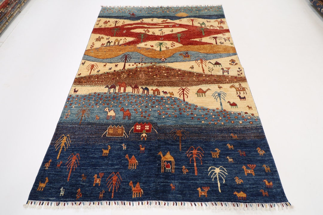 6x8 Ft Gabbeh Rug, Beige Blue Bruwn Red Handmade Wool Area Rug, Afghan ...