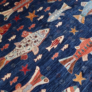 8x10 Tribal Navy Blue Fish Area Rug, 8'4x9'8 Ft Hand Knotted Rug ...