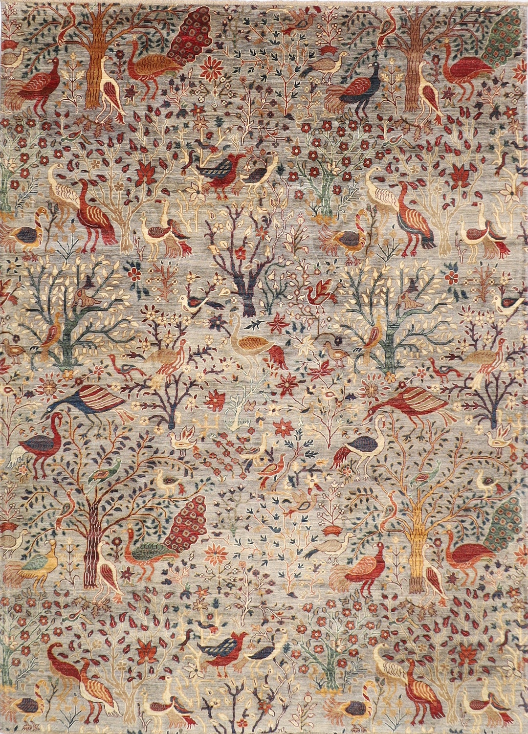 8x10 Ft Birds Area Rug, Undyed Gray Afghan Hand Knotted Natural Dye ...