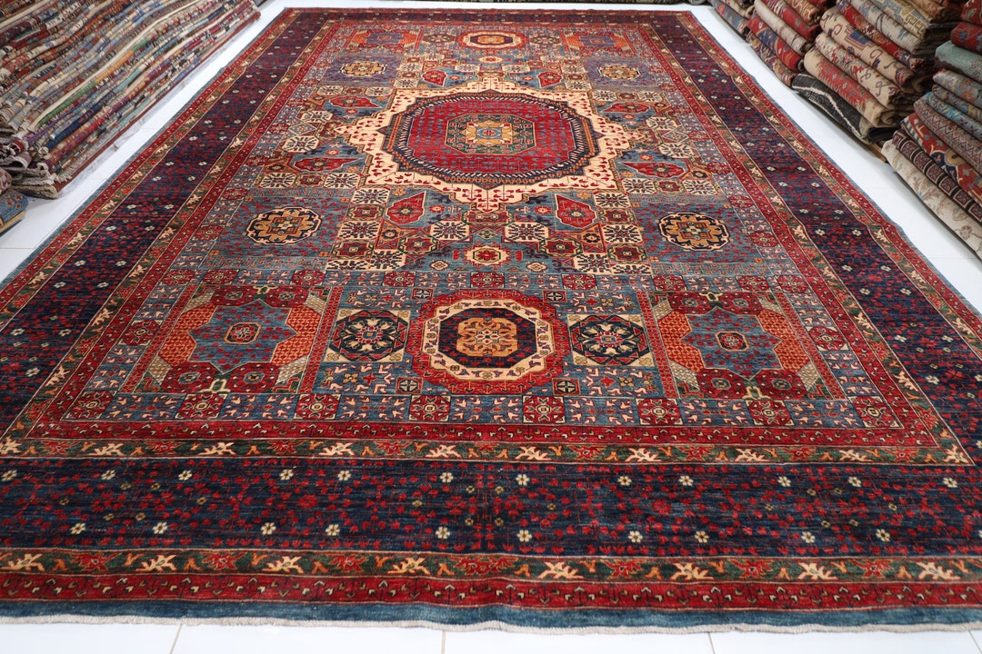 12x18 Ft. Turkish Mamluk Blue Area Rug, Large Rug Hand Knotted Natural ...