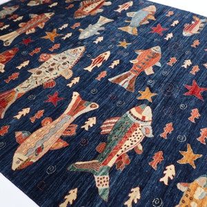 8x10 Tribal Navy Blue Fish Area Rug, 8'4x9'8 Ft Hand Knotted Rug ...