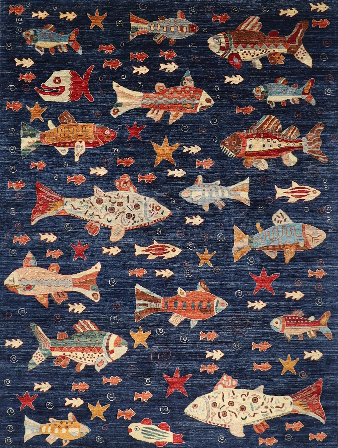 8x10 Tribal Navy Blue Fish Area Rug, 8'4x9'8 Ft Hand Knotted Rug ...