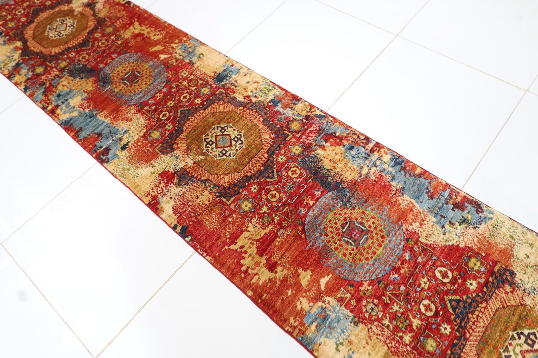 16 Ft Abstract Mamluk Hallway Runner Rug, Afghan Hand Knotted Natural ...