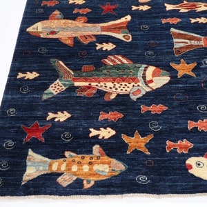 8x10 Tribal Navy Blue Fish Area Rug, 8'4x9'8 Ft Hand Knotted Rug ...