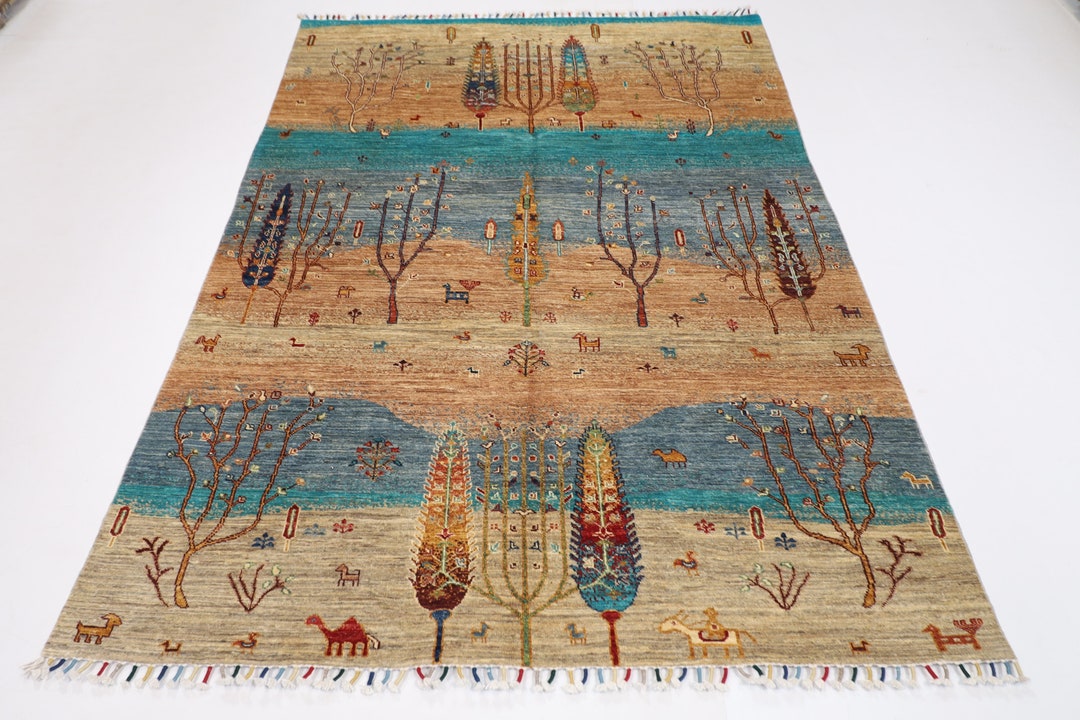 6x8 Ft Landscape Area Rug, 5'9x8 Ft Afghan Hand Knotted Rug, Rug for ...