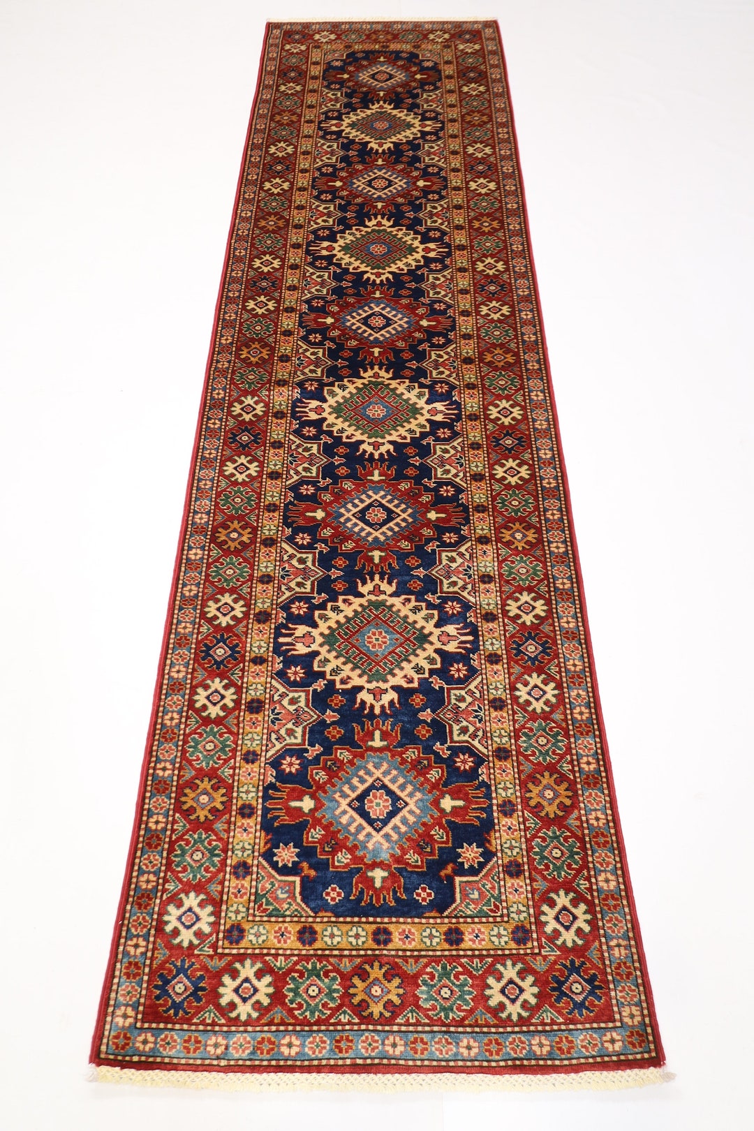 10 Ft Kazak Blue Runner Hand Knotted Rug, 2'9x10'1 Ft Afghan Rug, Rug ...