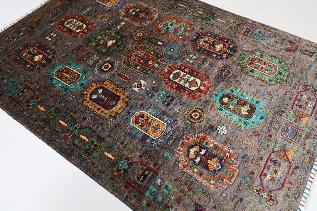 6x8 Ft Gray Tribal Area Rug, 5'9x8'2 Afghan Hand Knotted Veg Dye Wool ...