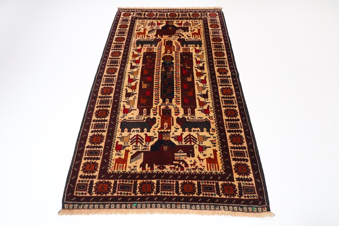 4x7 Ft Animal Print Balochi Handmade Wool Area Rug, 3'9x6'9 Ft Oriental ...