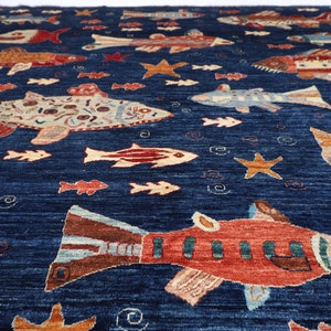 8x10 Tribal Navy Blue Fish Area Rug, 8'4x9'8 Ft Hand Knotted Rug ...