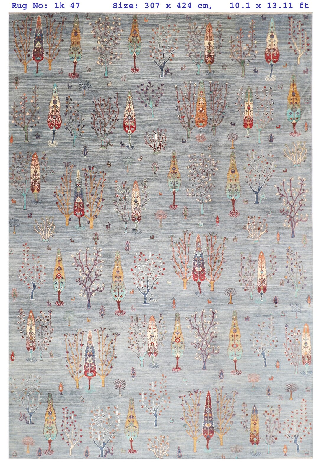 10x14 Ft Bluish Grey Tree of Life Area Rug, Hand Knotted Natural Dye ...