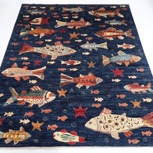 8x10 Tribal Navy Blue Fish Area Rug, 8'4x9'8 Ft Hand Knotted Rug ...