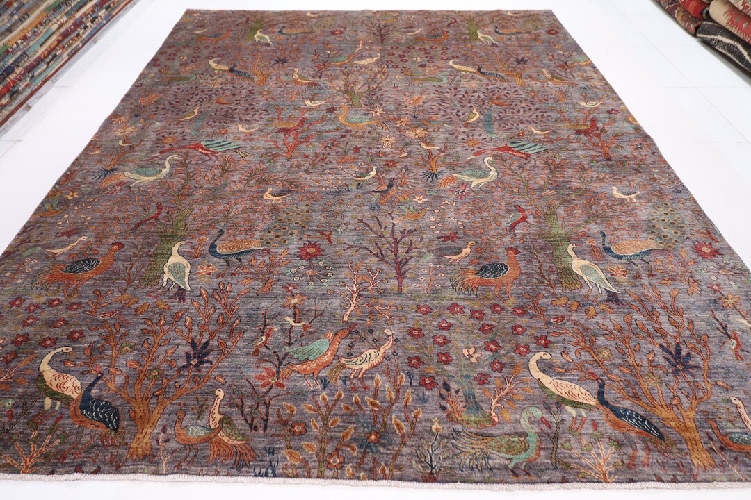 9x12 Ft Birds Gery Area Hand Knotted Rug, Kitchen Rug, Rug for Bedroom ...
