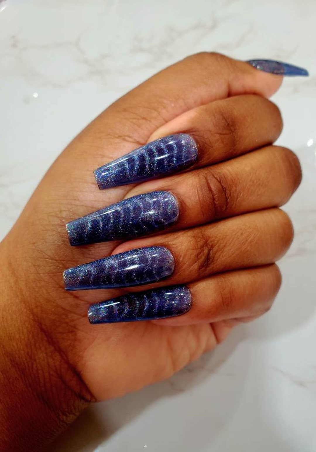 Dark Blue Magnetic Waves Design, Stylish, Long Coffin, Press-on Nails ...