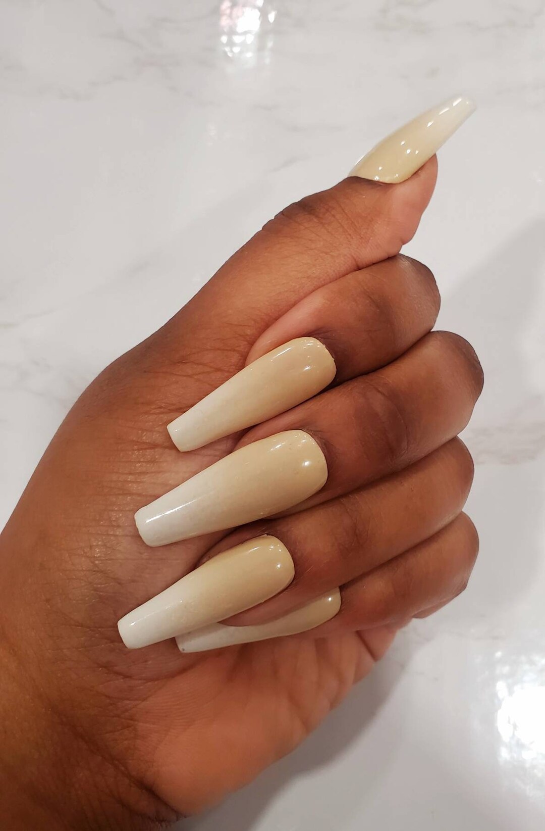 Ombre, Beige and White, Caramel Frappe Theme, Long Coffin, Press-on ...