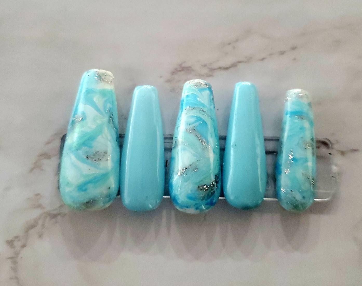 Luminous Blue Marble Press-on Nails (blue, Glitter, Spring, Summer ...