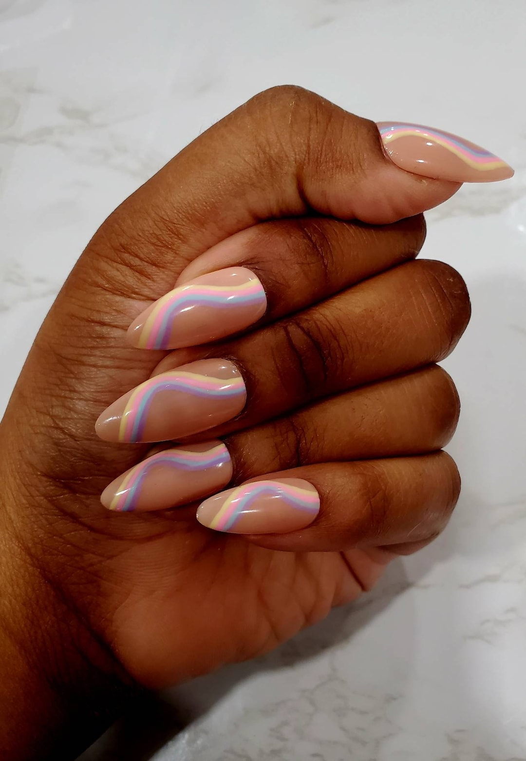 Pastel Rainbow Spring Waves, Short Almond, Press-on Nails - Etsy