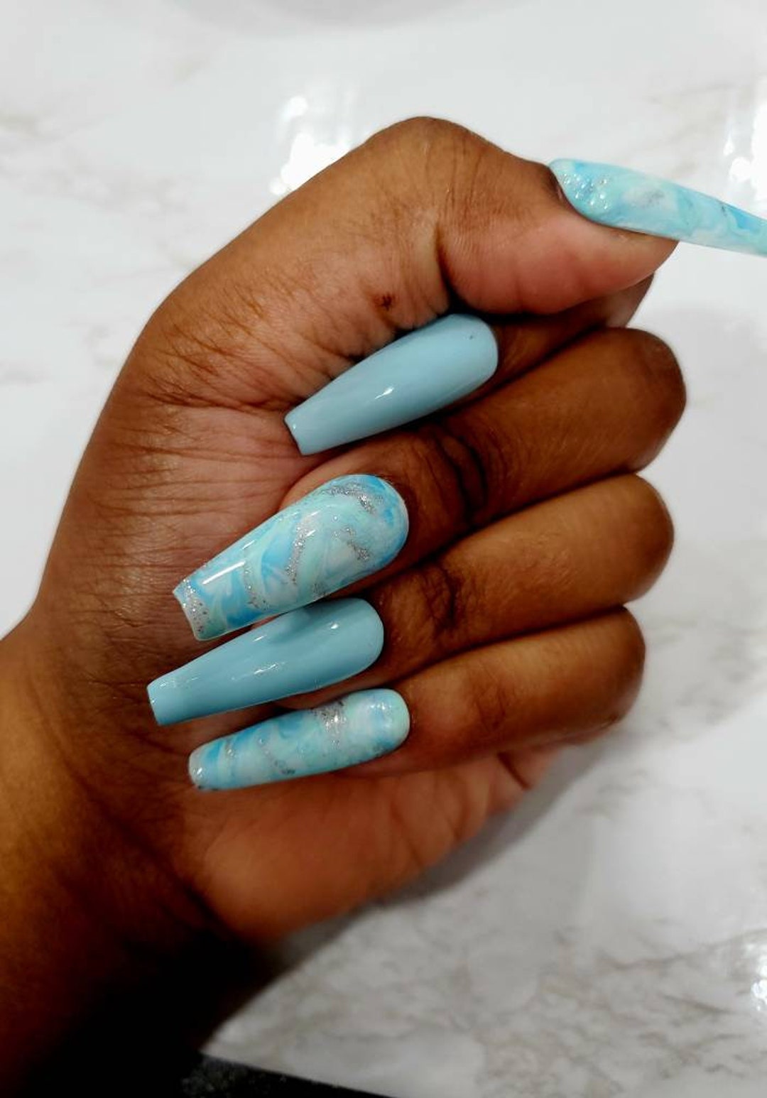 Luminous Blue Marble Press-on Nails (blue, Glitter, Spring, Summer ...