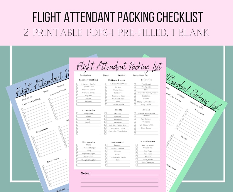 Flight Attendant Packing Checklist, Blank and Pre-filled, Printable ...