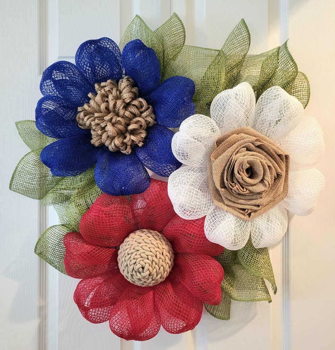 Red, White, and Blue Triple Flower Wreath, Flower Wreath, Patriotic ...