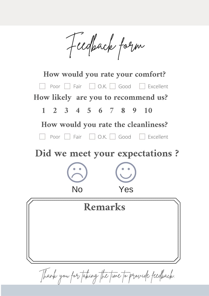 Guest Feedback Form, Airbnb Survey, Editable Feedback Template ...