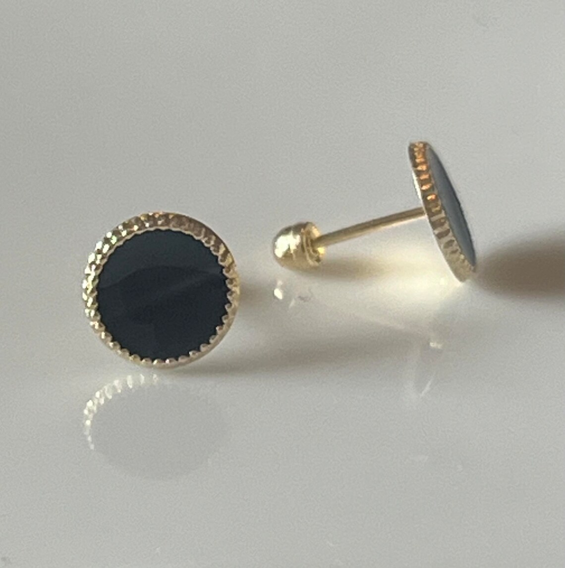 Black Circle, 10k Gold Circle, Gold Earrings, Circle Studs, Screw Backs ...